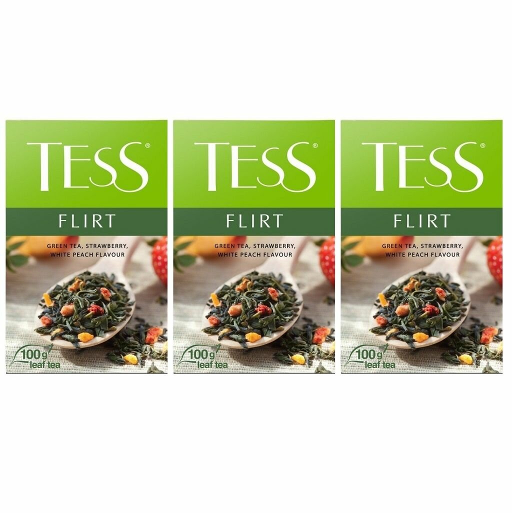 Tess Зеленый чай Flirt, с клубникой и персиком, листовой, 100 г, 3 шт.
