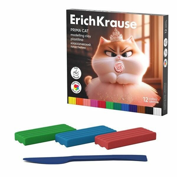 Пластилин классический Erich Krause 12 цветов, 192 г, "Prima Cat", со стеком, картонная коробка (65197)