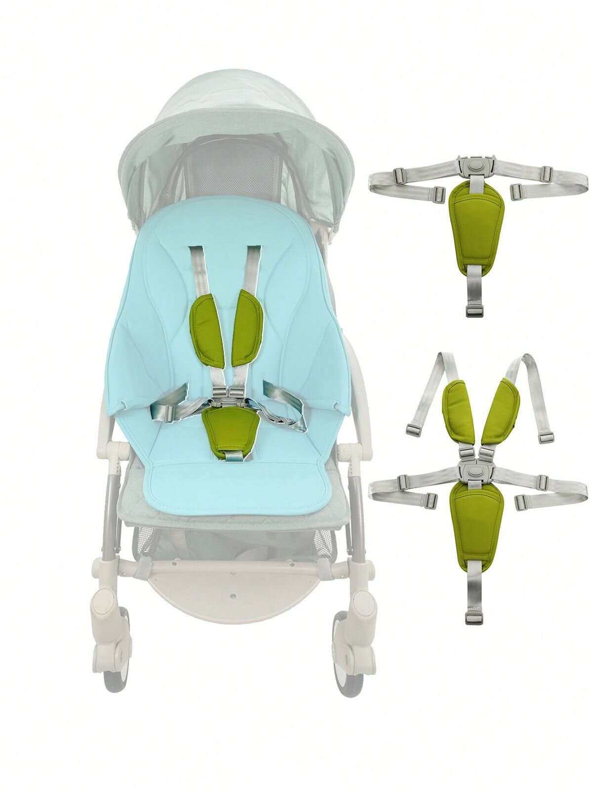 Пятиточечный ремень безопасности для коляски, Включает зелёные наплечные подушк. подходит для детский стульчик для кормления