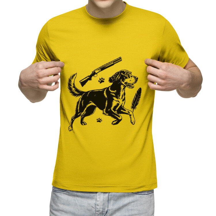 Мужская футболка «Сеттер на охоте с ружьём» (желтый, S)