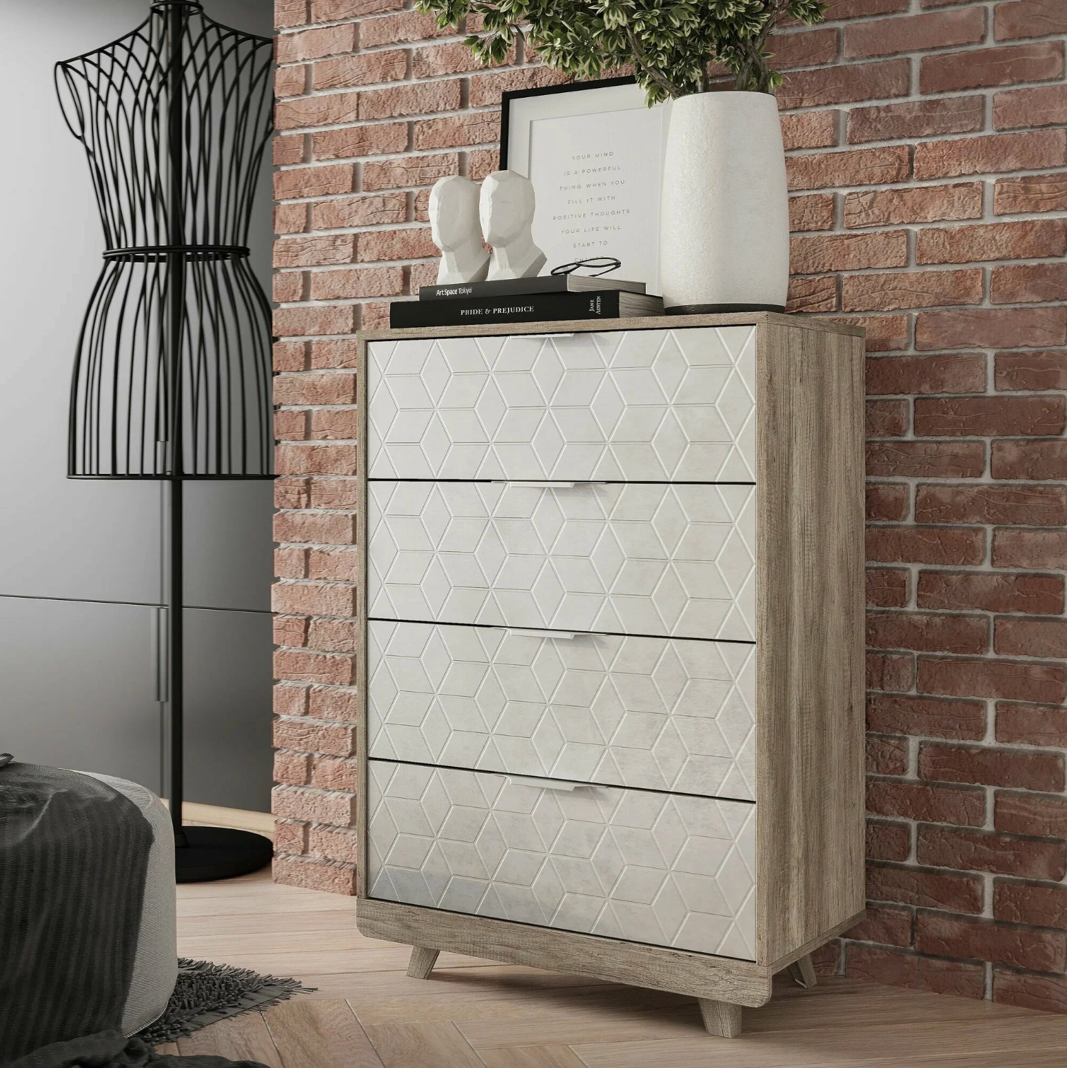 Комод Мегаполис КМ-02 с ящиками, высокий, 70×105×40 см, дуб каньон / антик серебро