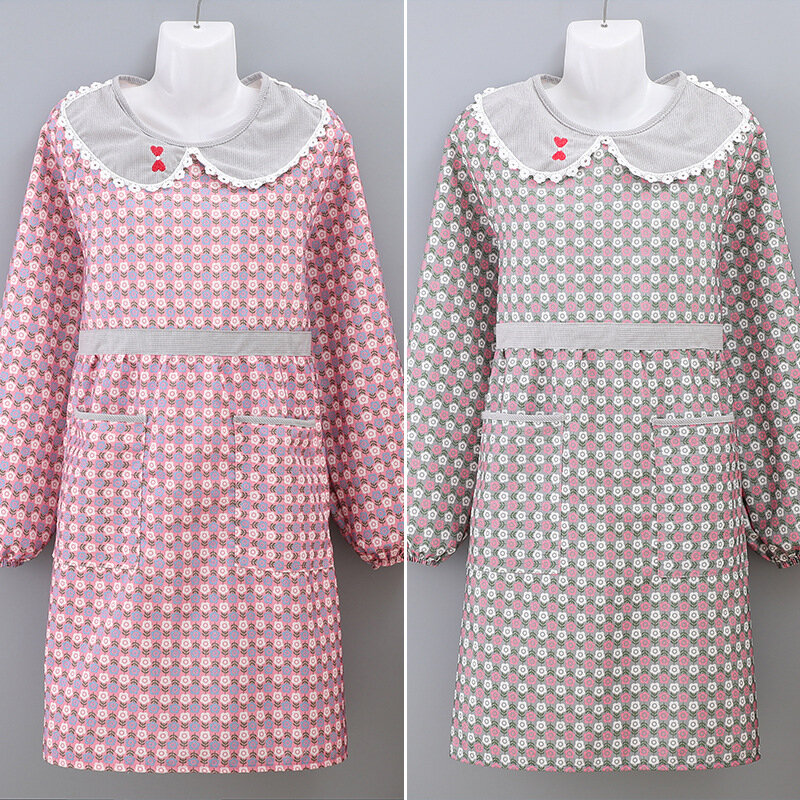 Фартук с длинным рукавом и воротником-куклой с двойными карманами, хлопковая ткань, женский фартук для дома и кухни, маслостойкий фартук для готовки