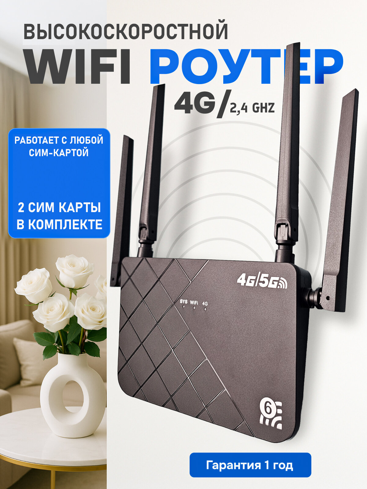 Роутер wifi с cим картой; 4 внешние антенны, поддержка сетей 4G высокоскоростной