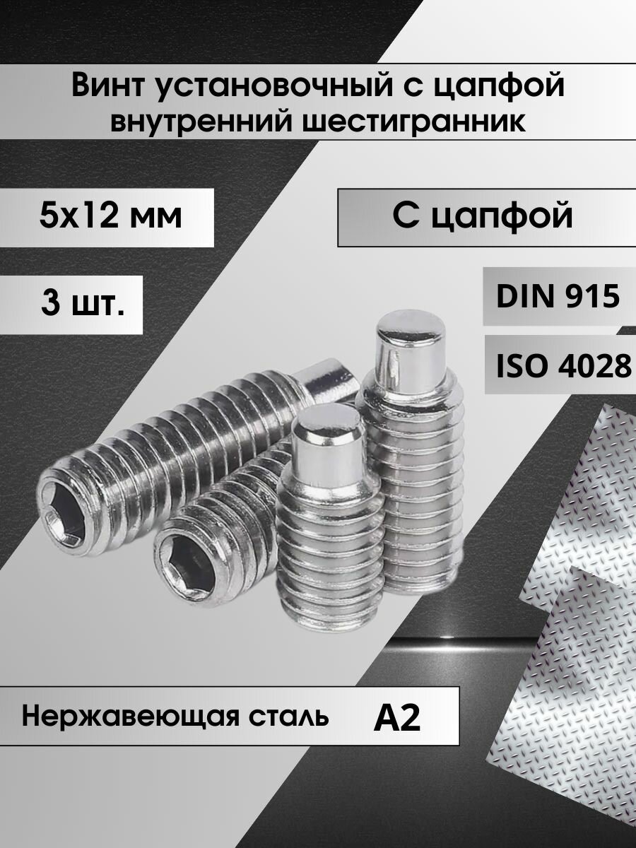 Винт М5х12 DIN 915 установочный с цапфой с внутренним шестигранником нерж. А2 (3 шт.)