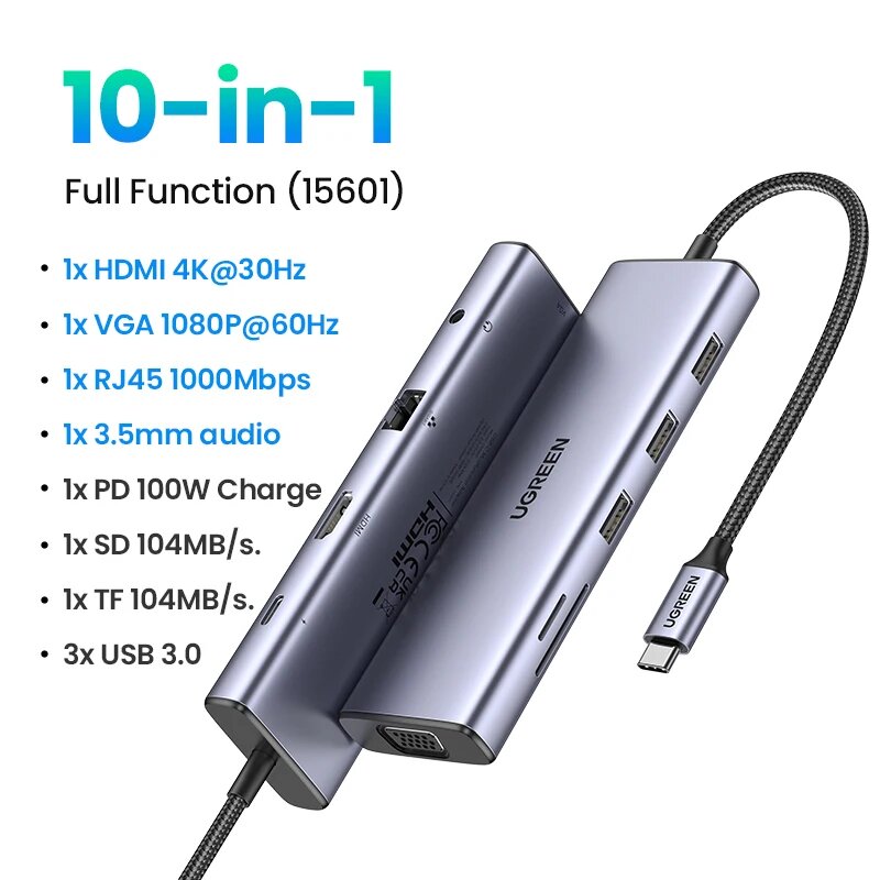 UGREEN USB-хаб 10 портов 4K HDMI VGA RJ45 PD100W для MacBook