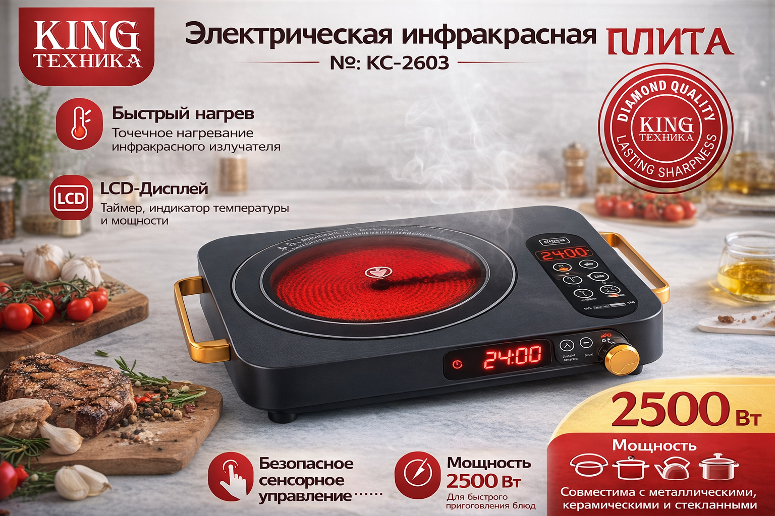 Электрическая инфракрасная плита KC-2603 с сенсорным управлением и высокой мощностью