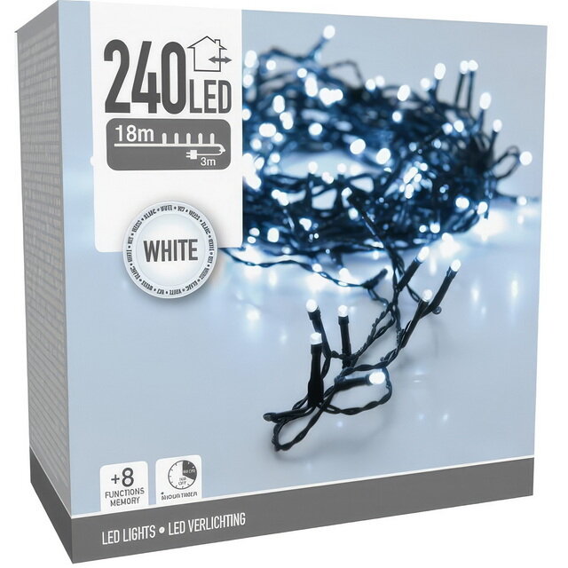 Светодиодная гирлянда Koopman Comfort 18 м, 240 холодных белых LED ламп, зеленый ПВХ, контроллер, таймер, IP44, Koopman (Купман), AX8450140