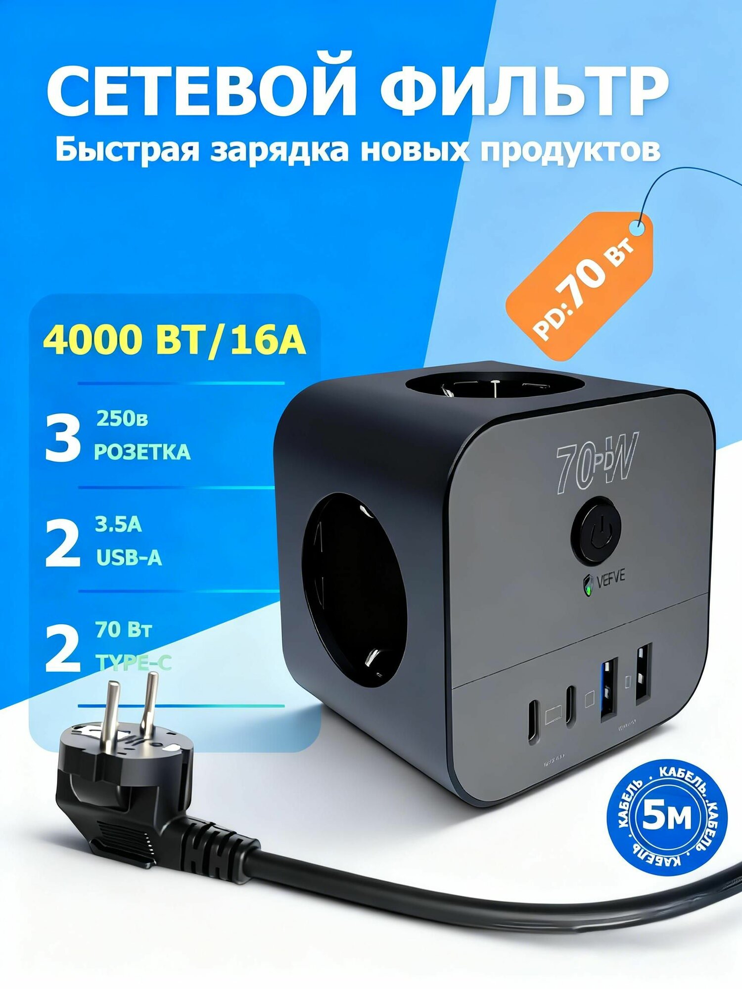 Сетевой фильтр, 7 розеток с 2 USB 2Type C, кабель 5м с предохранителем и заземление