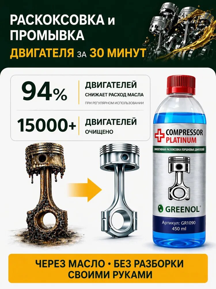 Раскоксовка промывка двигателя, GREENOL Compressor Platinum, 450 мл