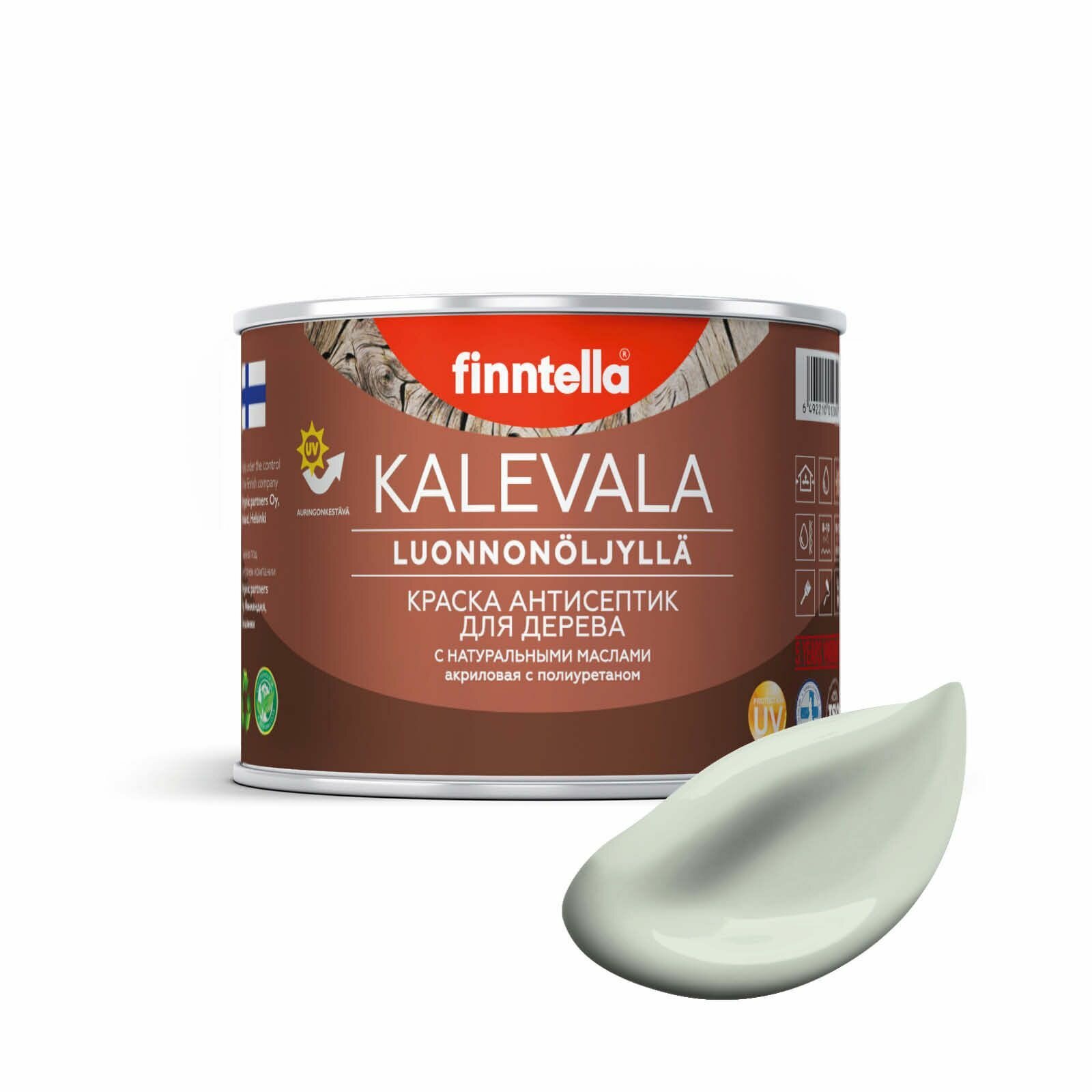Краска для дерева и деревянных фасадов FINNTELLA KALEVALA, с натуральным маслом и полиуретаном, цвет PINNATTU (светло серо-зеленый) , 0,45л