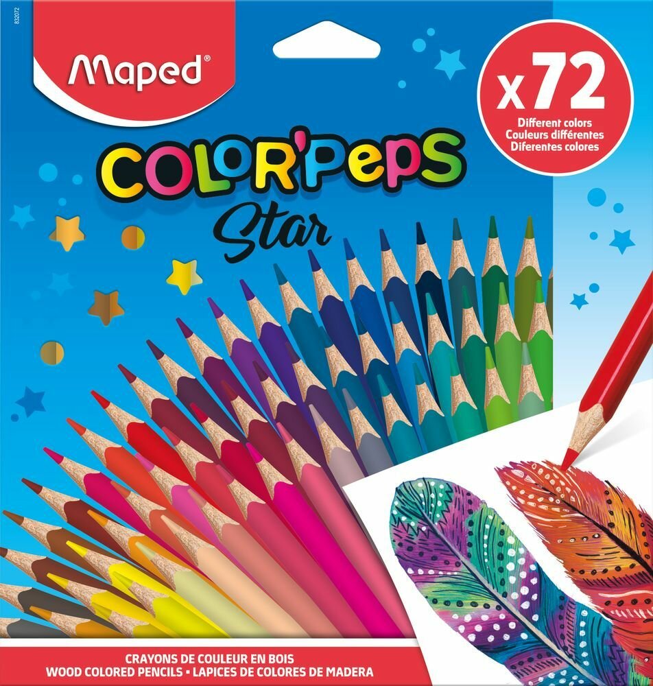 Карандаши цветные из американской липы, MAPED COLOR'PEPS STAR, треугольные, ударопрочный грифель, в картонном футляре, 72 цвета, в картонной коробке