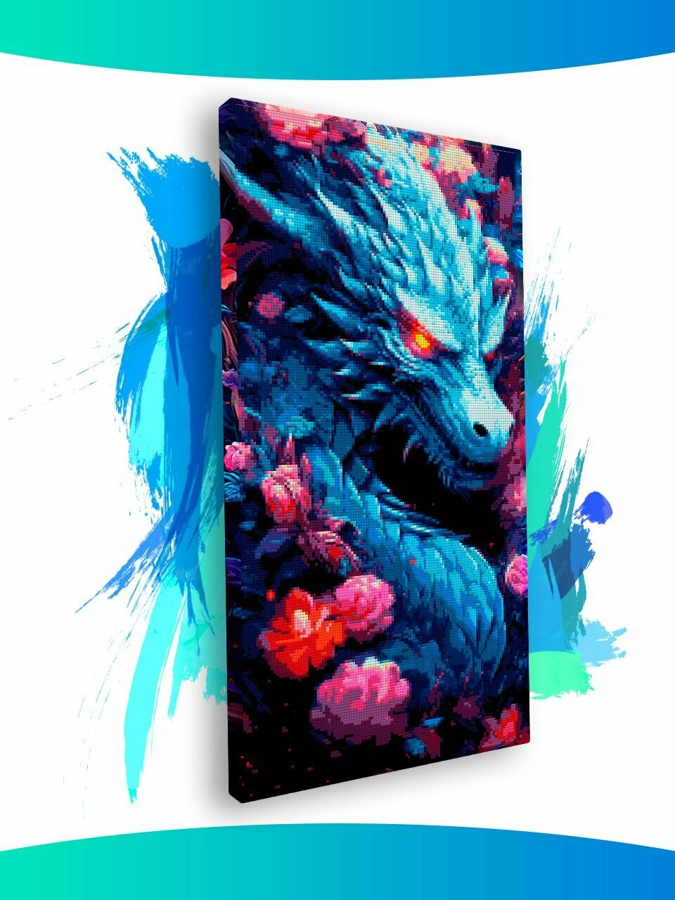 Алмазная мозаика на подрамнике - вышивка Дракон и цветы 30 х 60 см