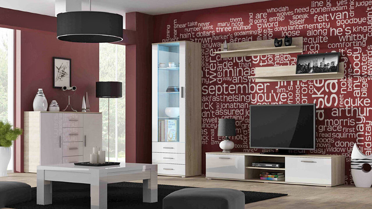 Гостиная Сохо 3 МДФ Белый DM635-6 / Дуб Сонома 3025 NEW 372x41x192 см, белый, дуб сонома GOODFORM