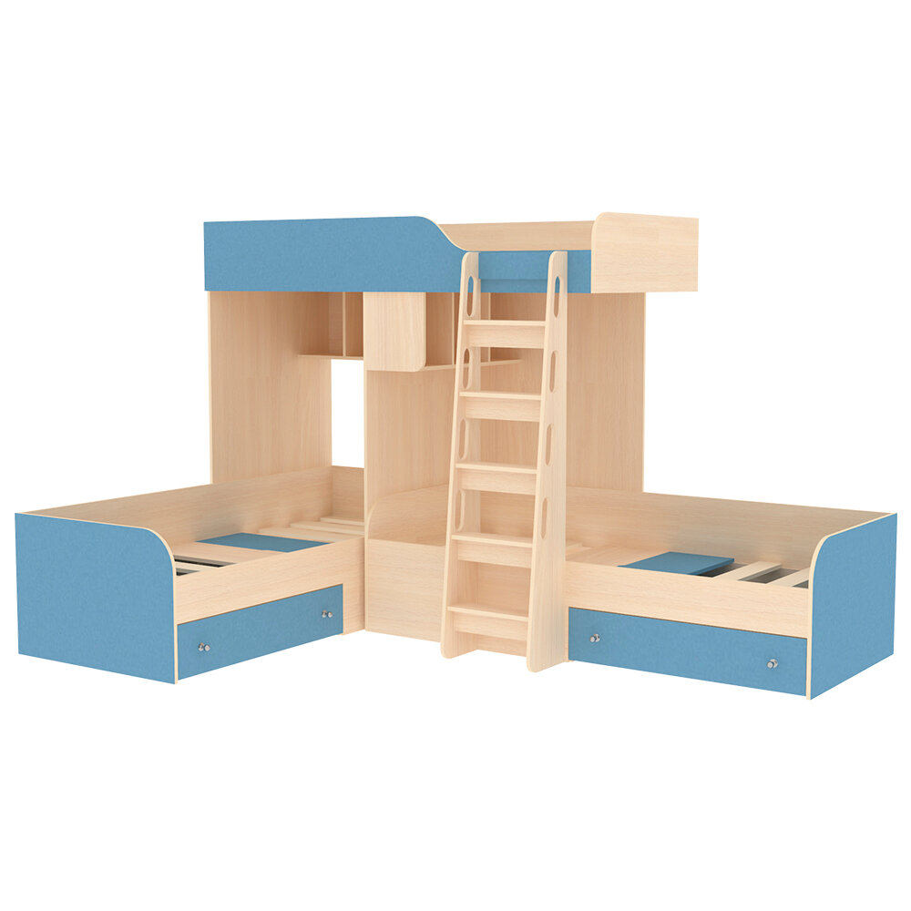 Кровать чердак Трио Дуб Молочный Светло Синий/Голубой