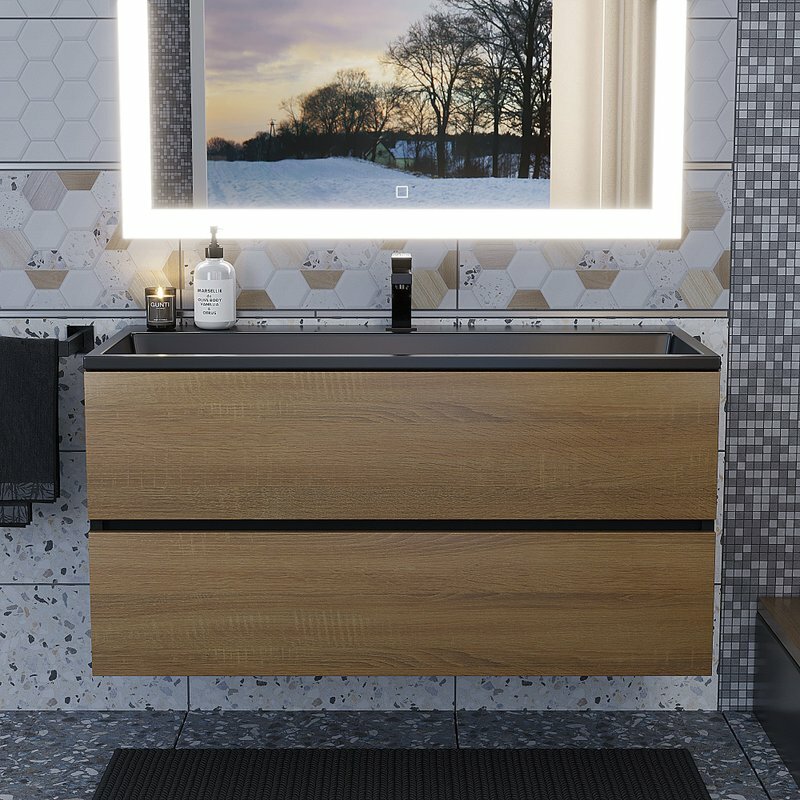 Тумба с раковиной Uperwood Barsa 90 подвесная, черная, дуб сонома, раковина черная матовая