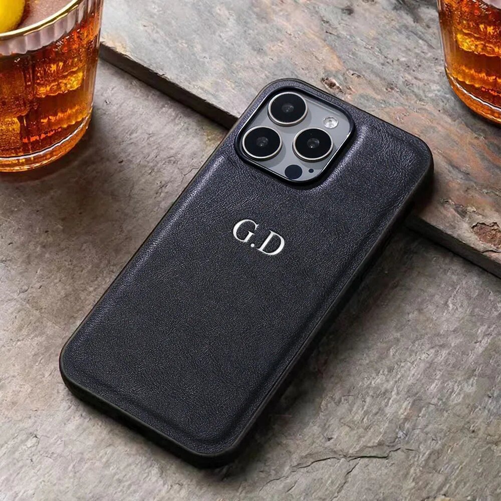 Кожаный персонализированный чехол с именем инициалами для iPhone 17, Air 16, 15, 14, 13, 12, 11 Pro Max Plus, роскошный чехол с гравировкой «сделай сам» для iPhone 14 Плюс, Black-Silver