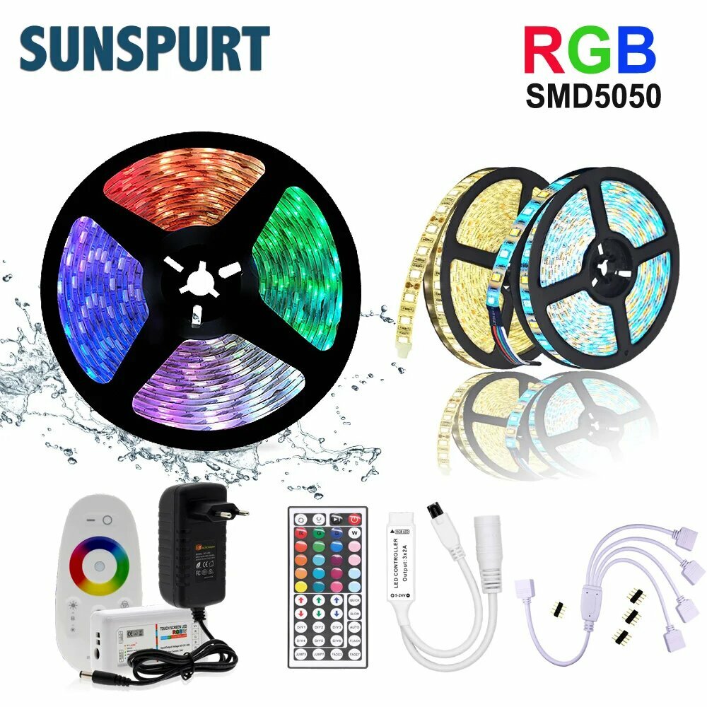 SUNSPURT RGB Светодиодная SMD 5050 RGB 30Leds, Non Waterproof IP20, 5M Full Set, Only Led Strip