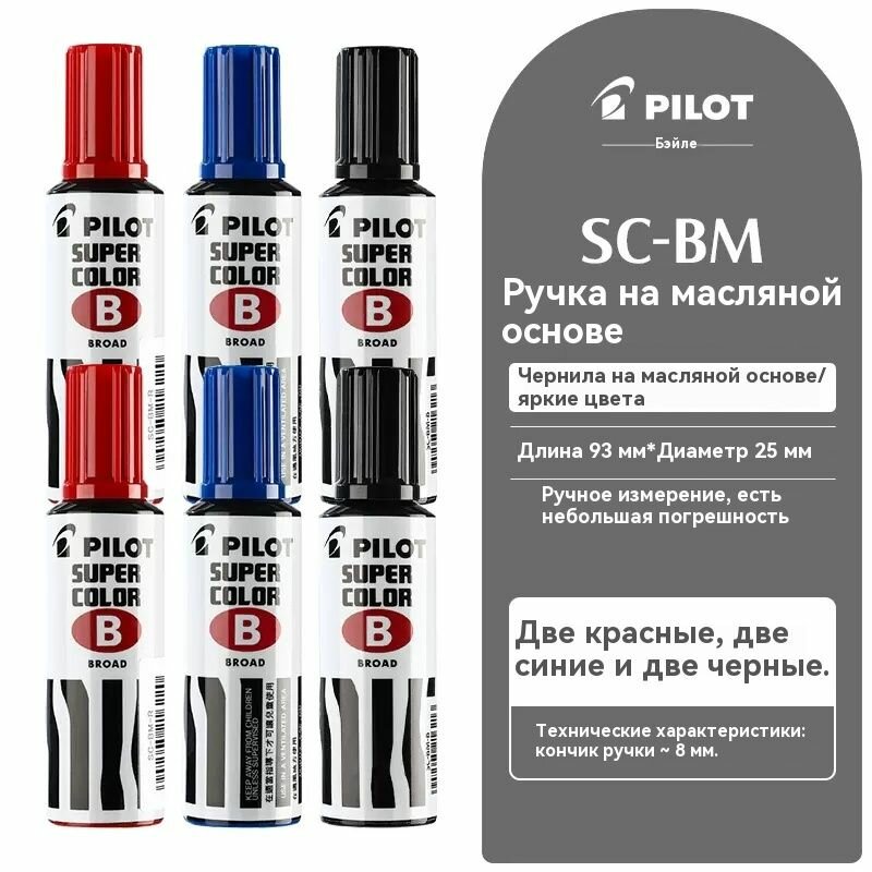 Маркер PILOT SC-BM, 6 цветов, масляная основа, светостойкий, перманентный