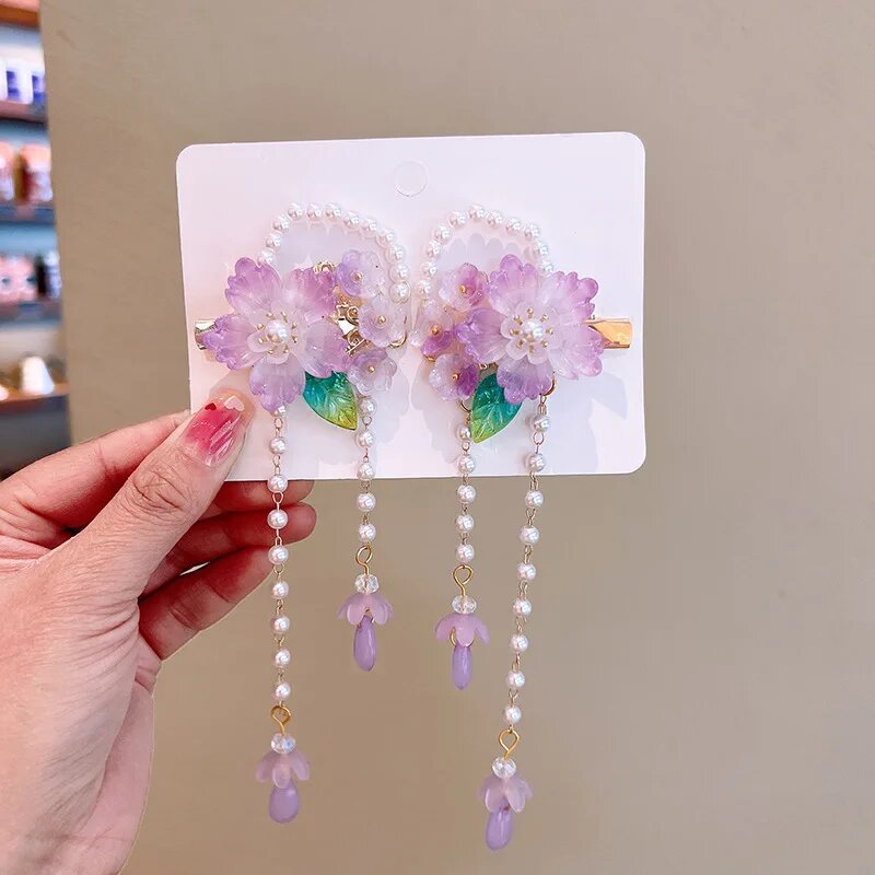 Заколки для волос в китайском стиле с цветами и жемчугом, Metal color: E