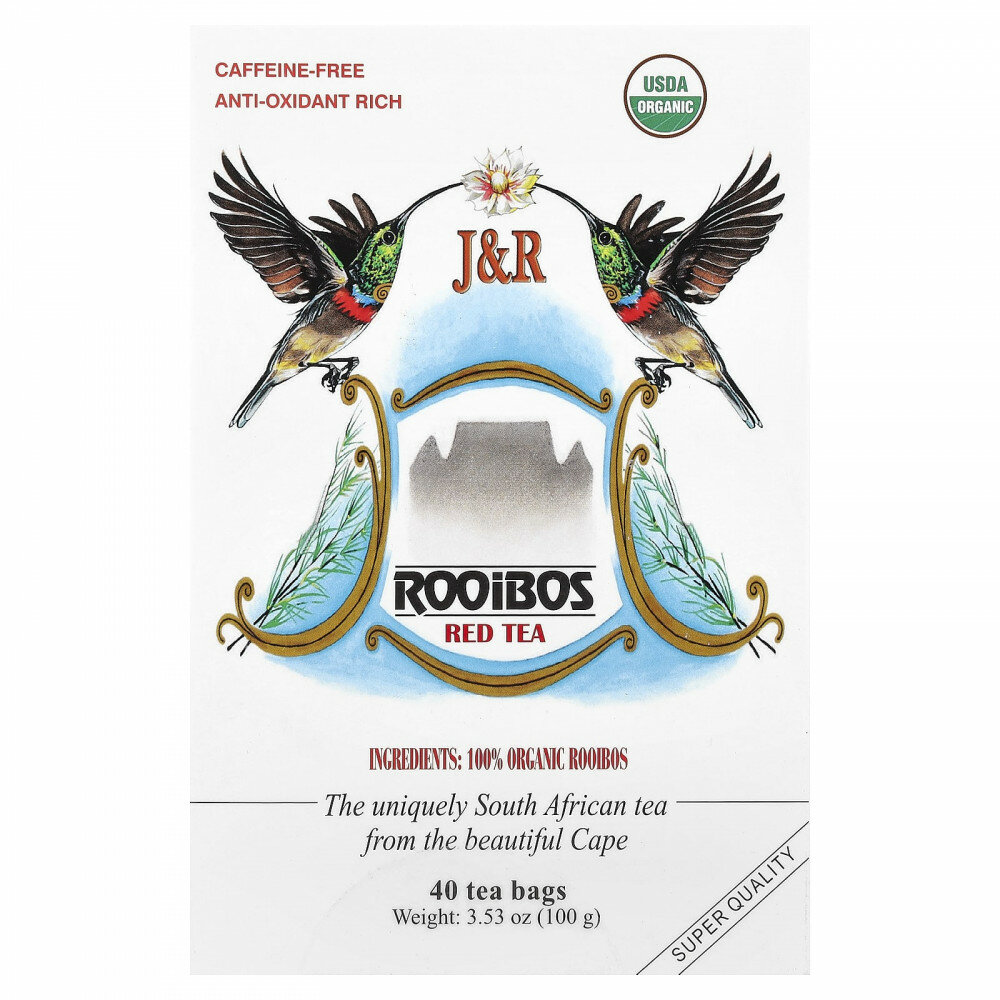 J&R Port Trading, Pure Rooibos Red Tea (Настоящий красный чай ройбуш), без кофеина, 40 чайных пакетиков, 100 г (3,53 унции)