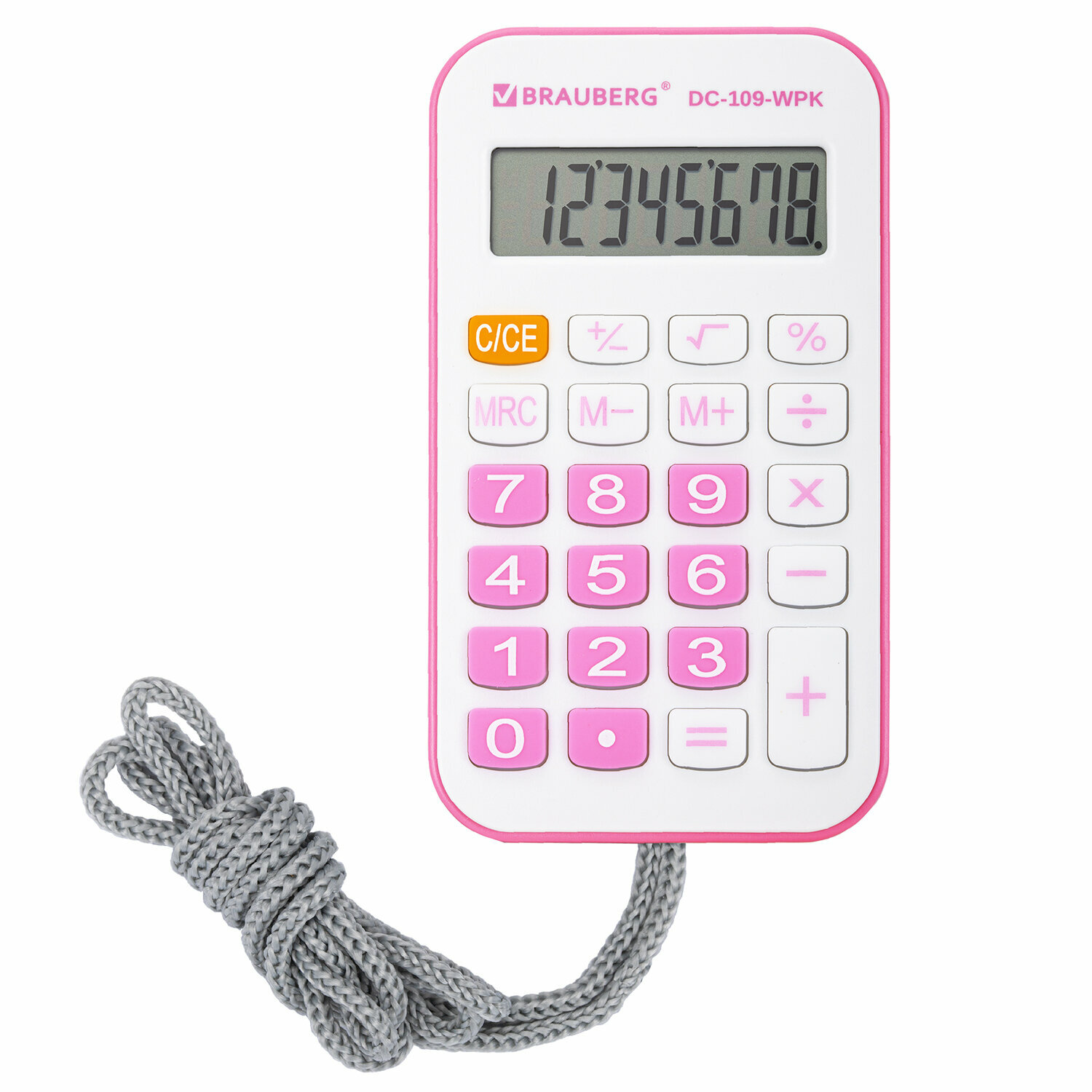 Калькулятор карманный со шнурком BRAUBERG DC-109-WPK (61x110 мм), 8 разрядов, белый/розовый, 272646