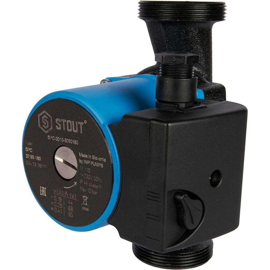 Насос циркуляционный Stout 32/60-180, 95 Вт, напор 6,5 м, 66 л/мин, чугун, 3 скорости, с латунными гайками, арт. SPC-0010-3260180, Stout