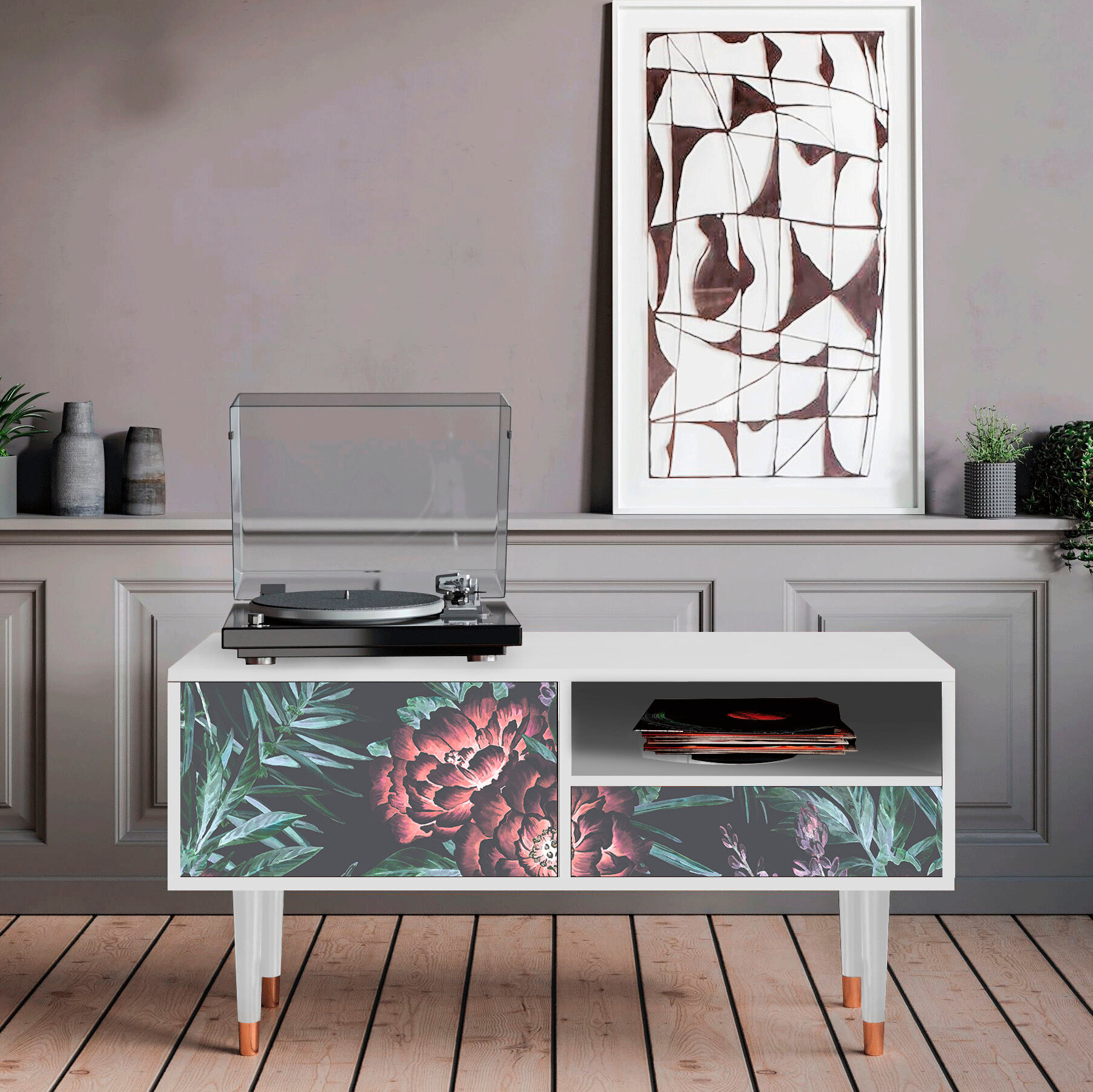 ТВ-Тумба - STORYZ - T3 Dark Peonies, Размер - 115 x 59 x 48 см, Цвет корпуса - , Белый