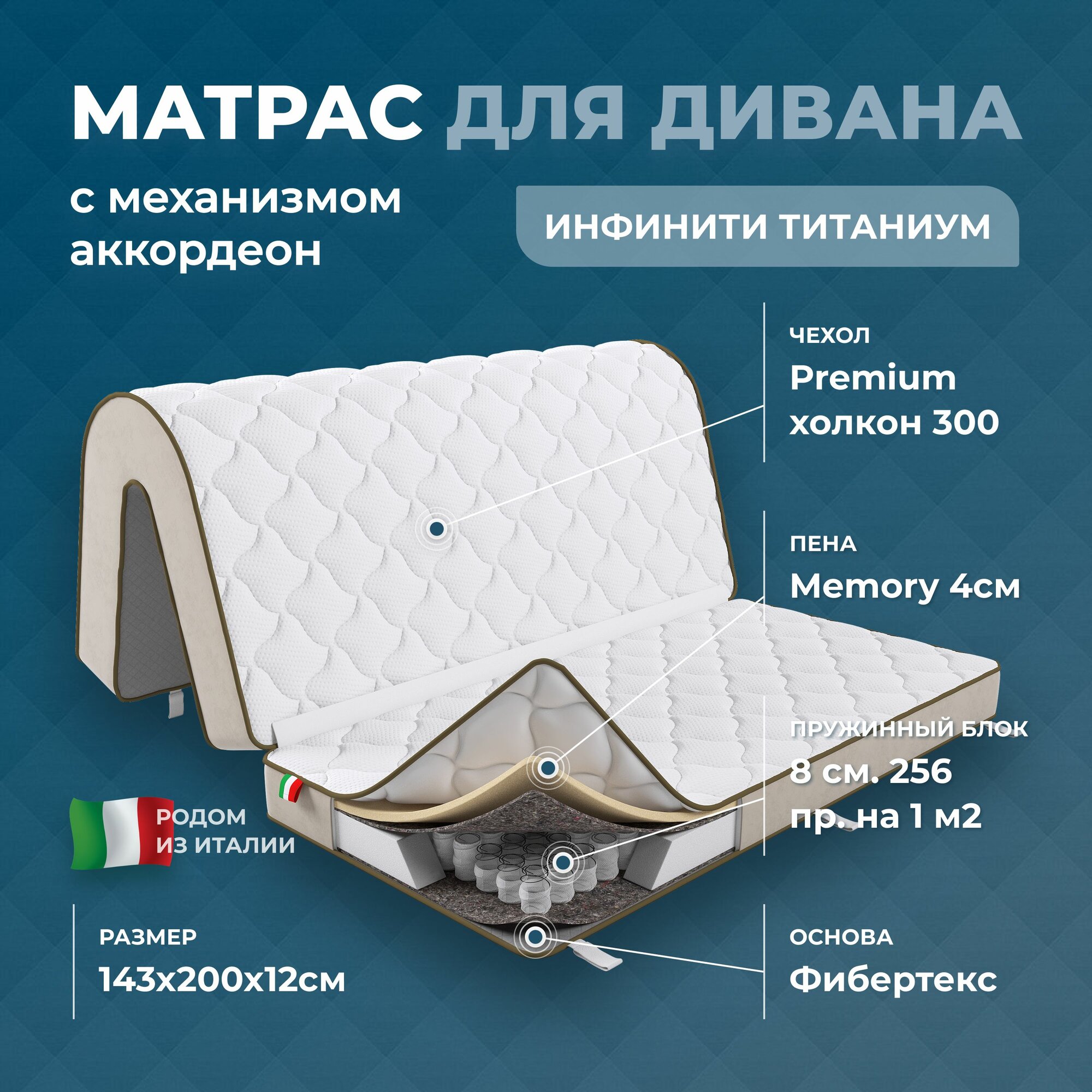 Матрас для дивана аккордеон 143х140х12, 143х60х12 см. (143х200х12), анатомический Инфинити Титаниум с пружинным блоком
