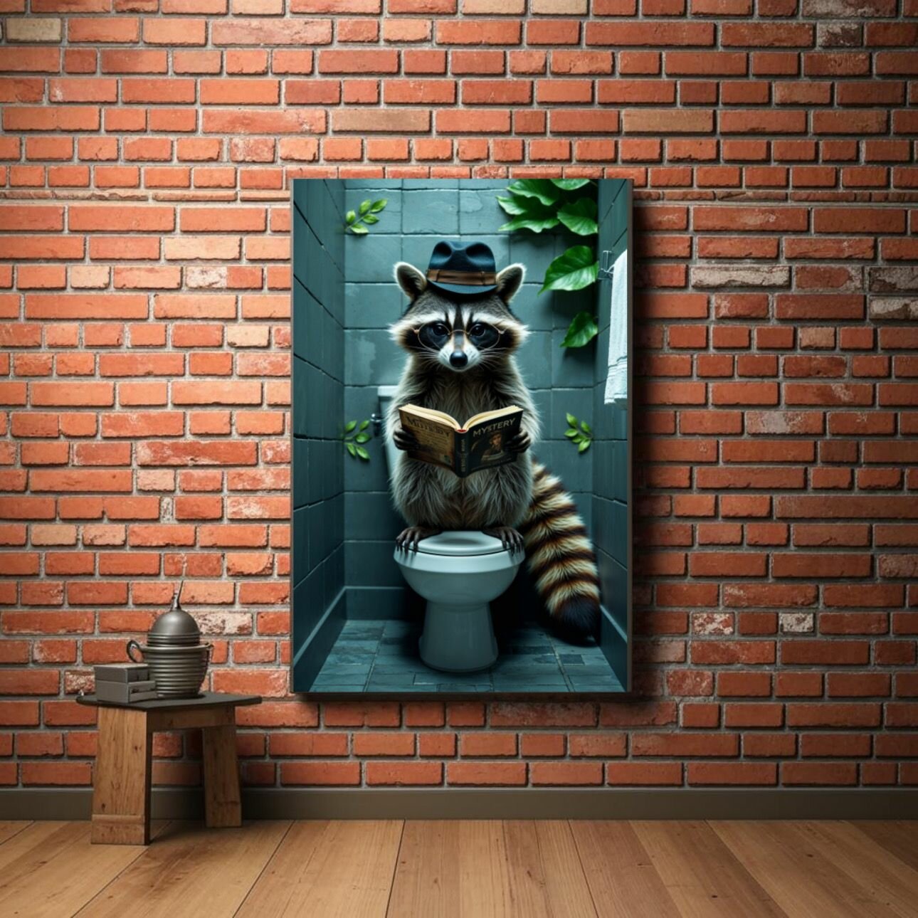 Картина в туалет, Енот читает, на унитазе, 20*30 см