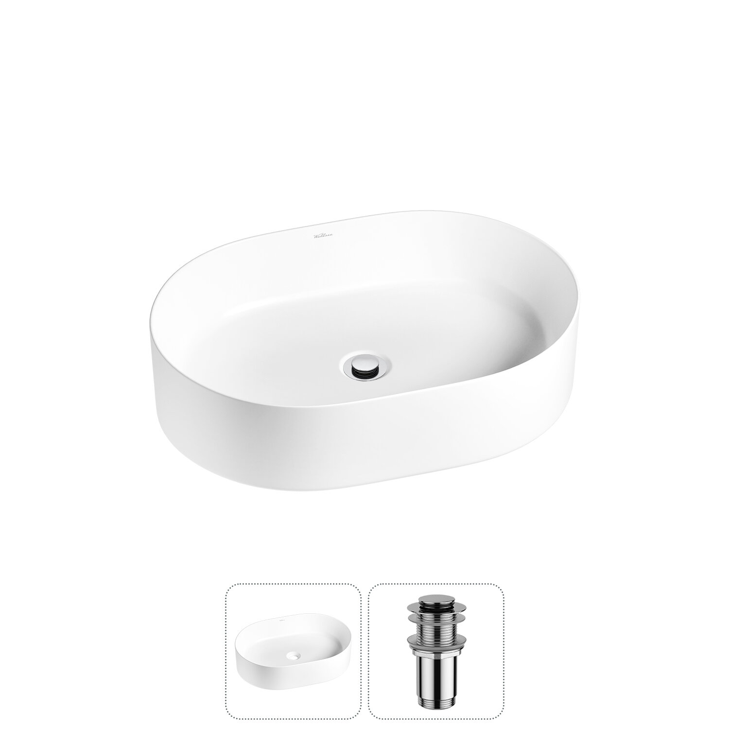 Накладная раковина в ванную комнату Wellsee Belle Spa 20212505R в наборе 2 в 1: раковина 50 см в цвете белый глянец, донный клапан в цвете хром