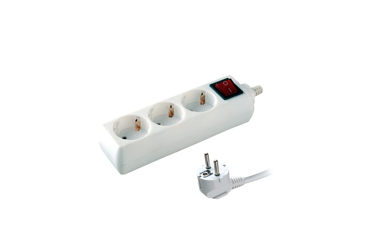 Удлинитель VOLSTEN, 3 розетки, заземление, кабель 1.3м, белый