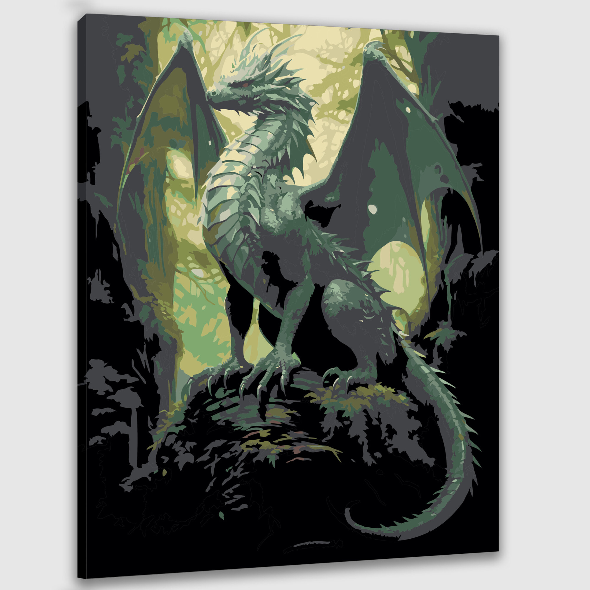 Картина по номерам 40x50 см, картина, масло, дракон, изумрудный, зеленый, вершина скалы, мох, заколдованный лес, чешуя