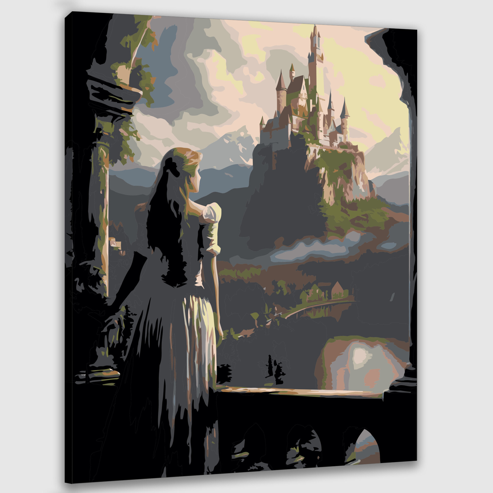 Картина по номерам 40x50 см, фотография, средневековый замок, озеро, горы, принцесса, балкон, платье, ветерок, тоска