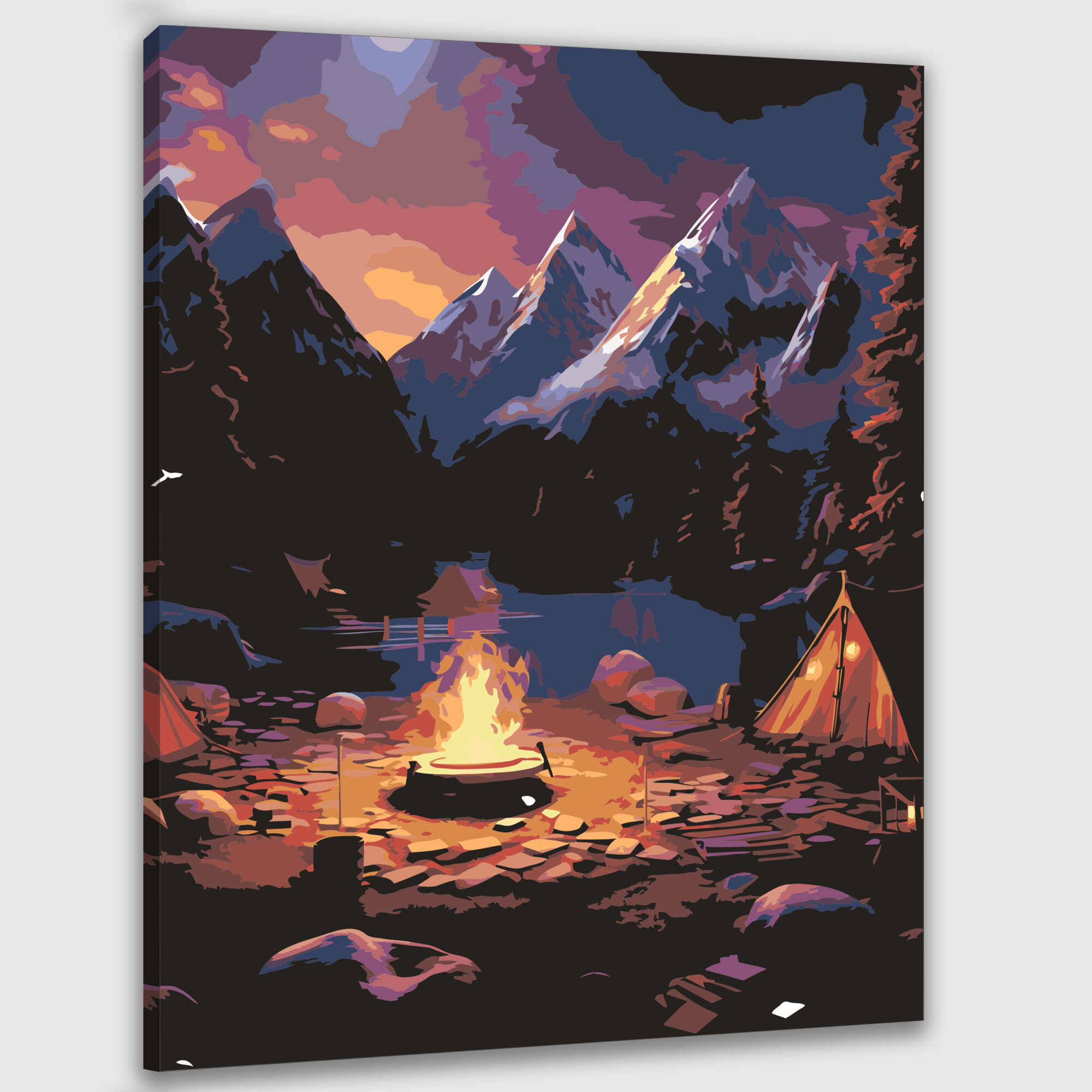 Картина по номерам 40x50 см, 3D-рендеринг, кемпинг, палатки, горы, костер, детализация, цвета, тени, динамичность
