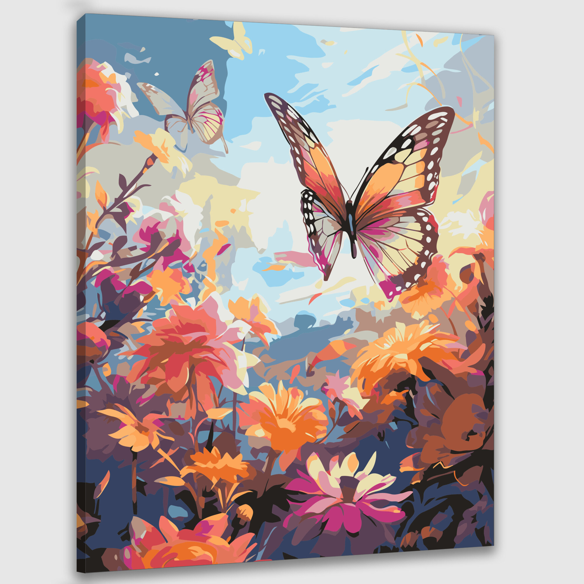 Картина по номерам 40x50 см, бабочки, цветы, поле, яркие цвета, крылышки, свет, игра света и цвета