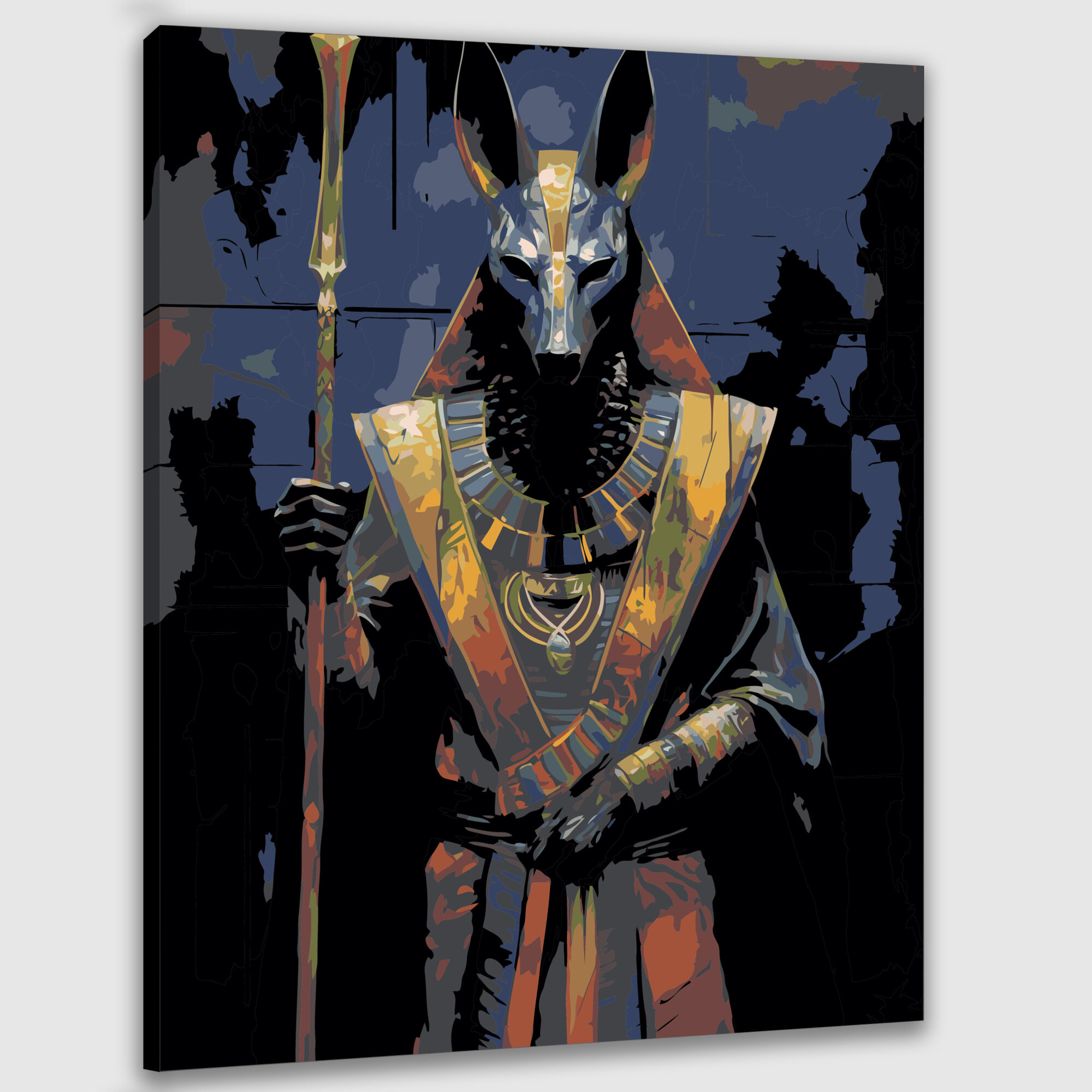 Картина по номерам 40x50 см, Анубис, древнеегипетский бог, акварель, текстура, папирус, синий, золотой, мистический