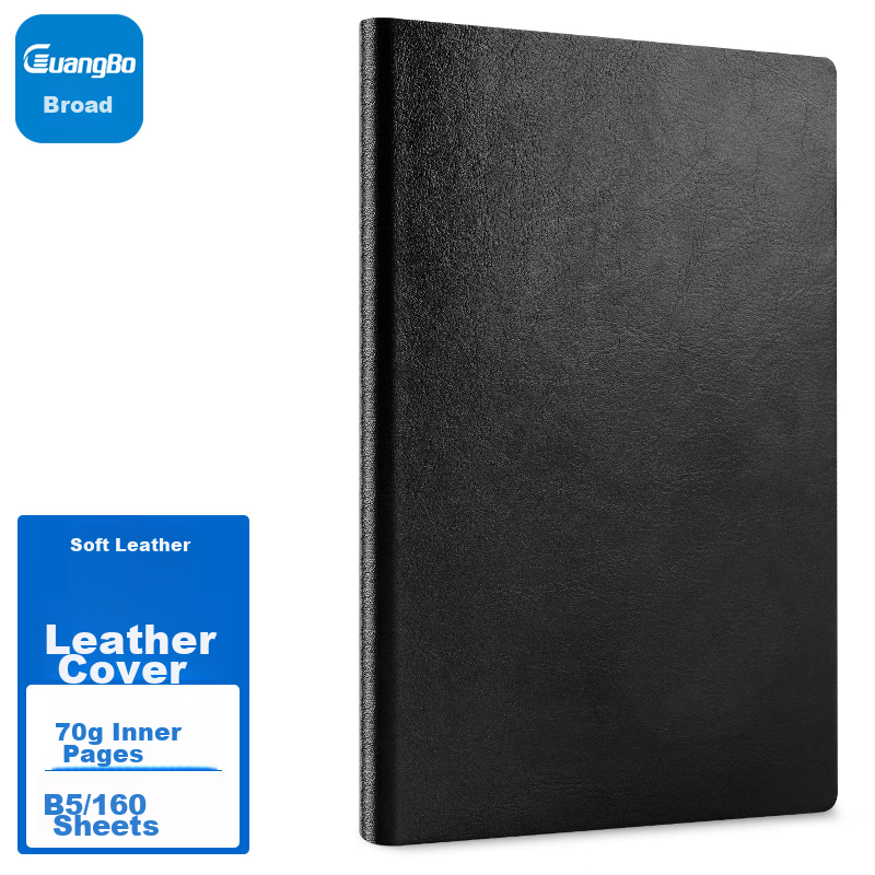GuangBo B5 Notebook, Business Simple Journal, Enlarged Soft Leather Cover, Diary, Office Stationery, Meeting Record Book, 160 Sheets, Black, GBP20054
