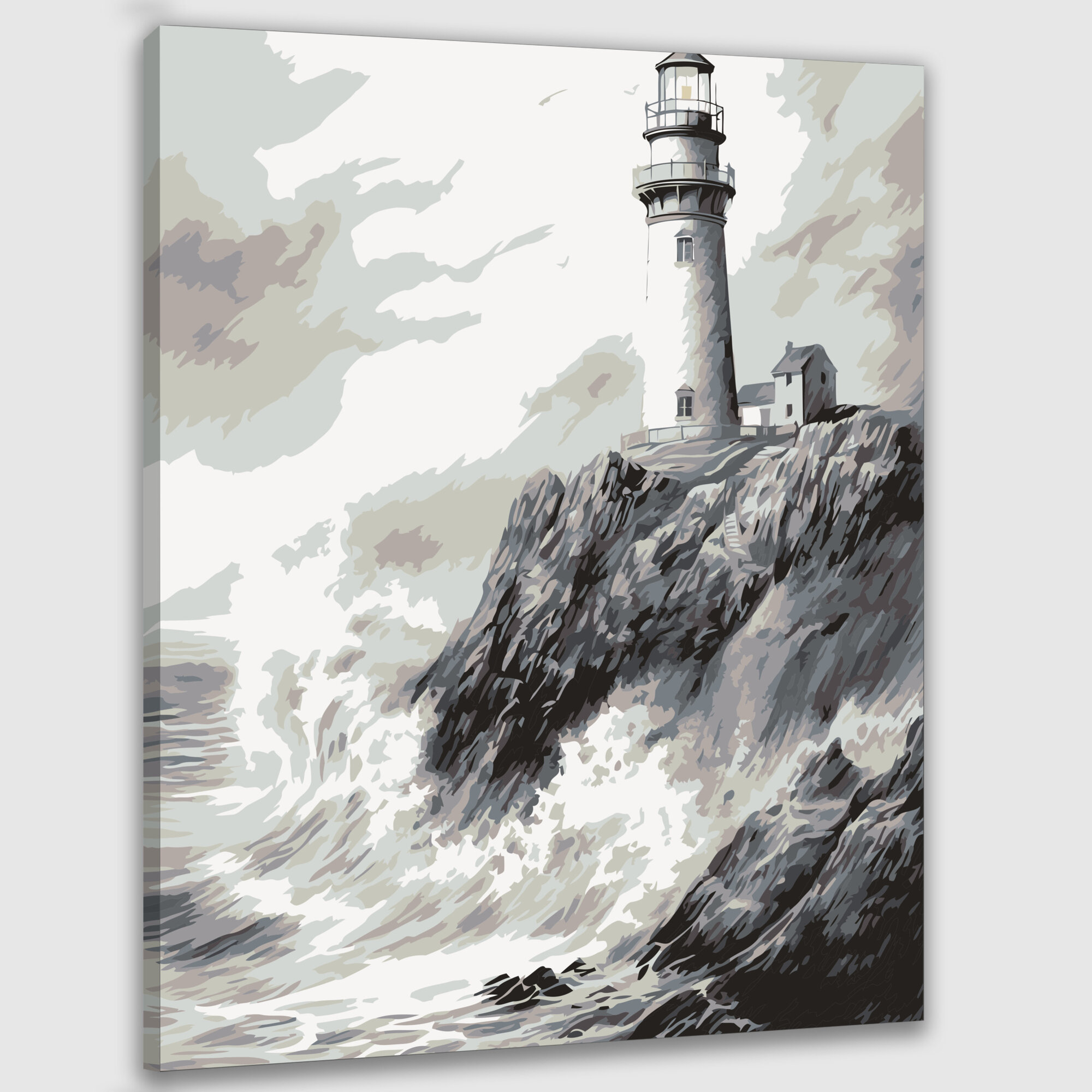 Картина по номерам 40x50 см, маяк, карандашный набросок, скалистый утес, штормовое море, разбивающиеся волны