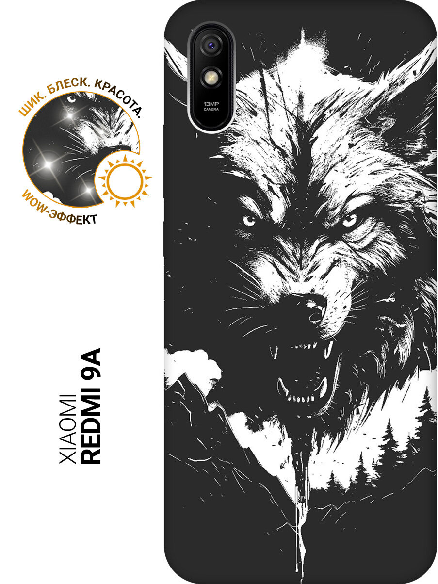 Силиконовый чехол на Xiaomi Redmi 9A / Сяоми Редми 9А с рисунком "Волк и горы" Soft Touch черный