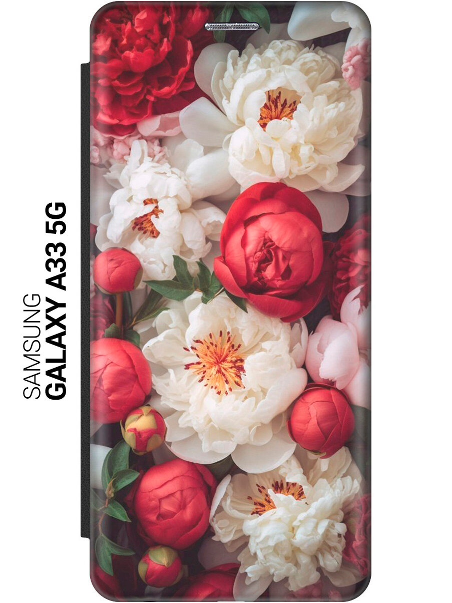 Чехол-книжка на Samsung Galaxy A33 5G / Самсунг А33 5Г с рисунком "Бело-красные пионы" черный