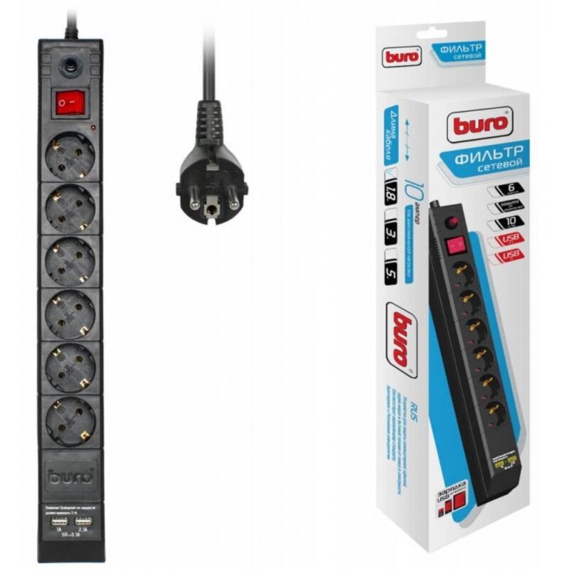 Сетевой фильтр Buro Черный, USB, 2A-B, 1,8 м, 6 розеток