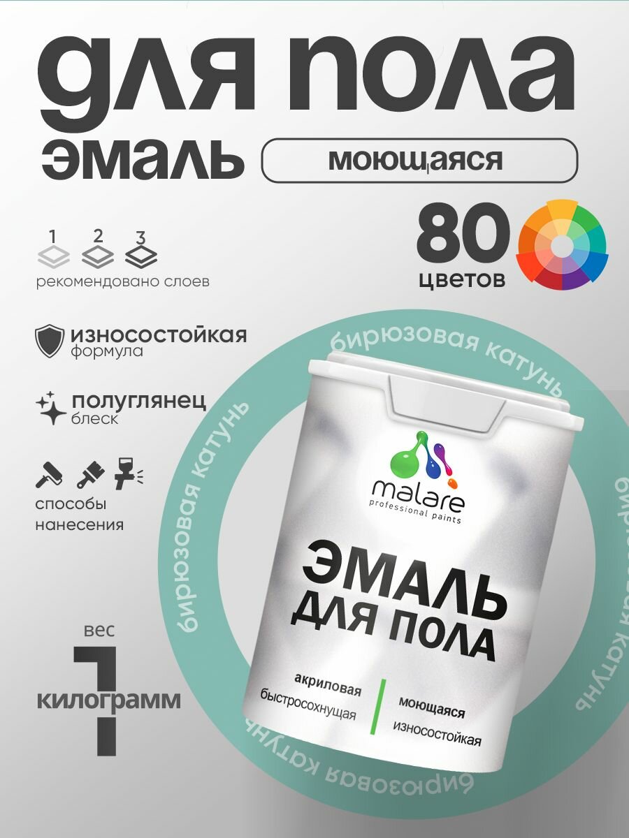 Эмаль Malare для пола акриловая, экологичная без запаха, износостойкая, быстросохнущая, моющаяся, полуглянцевая, бирюзовая катунь, 1 кг.