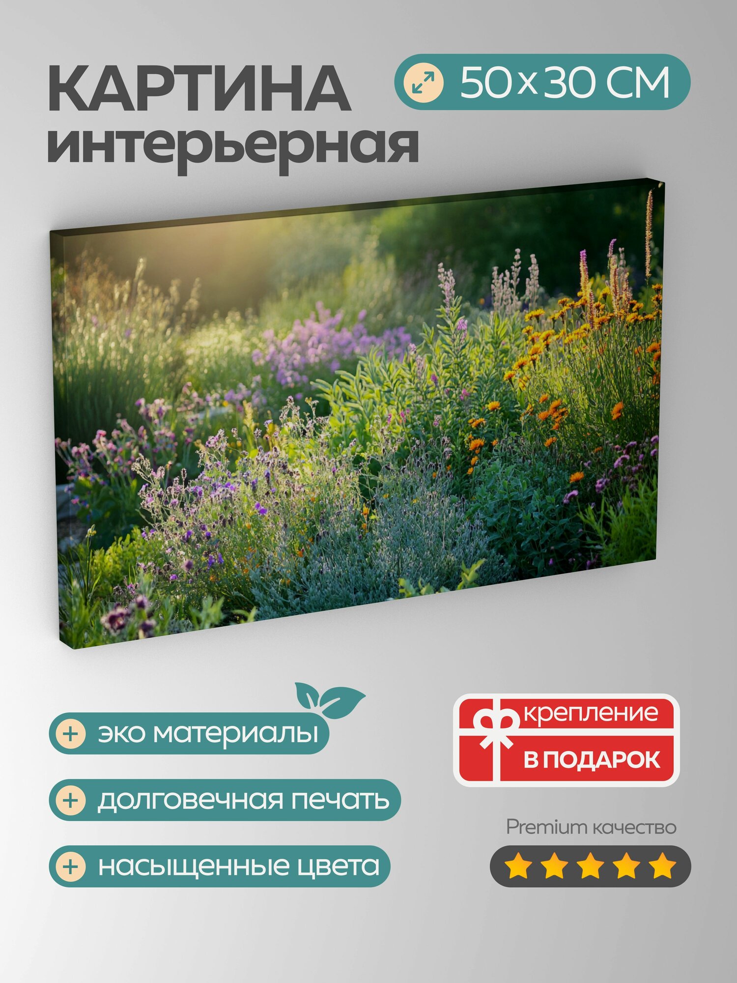 Картина на холсте интерьерная 50х30 см, ботанический сад, лекарственные растения, золотистый свет, благополучие