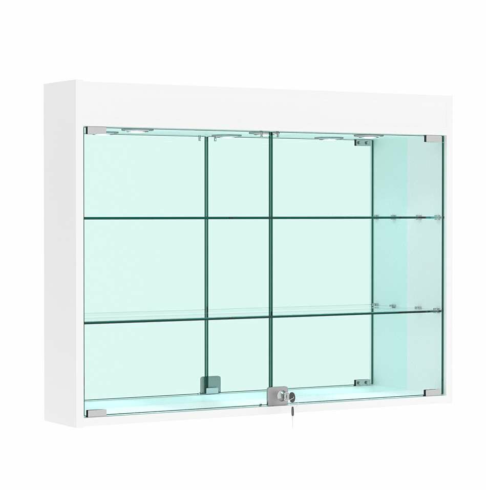 Витрина настенная №3-4А зеркальная с двумя широкими полками и фризом, Белый