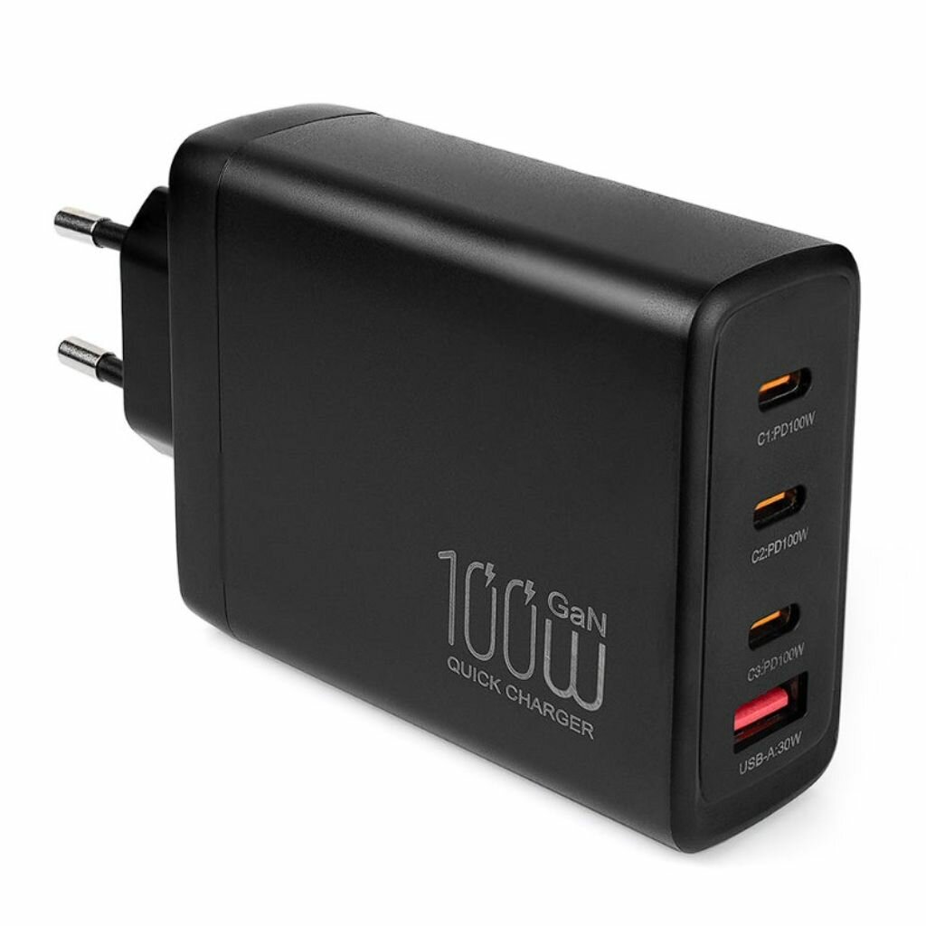 Блок питания GaN 100W 220V--> 1*USB(A)+3*Type-C, PD, черный