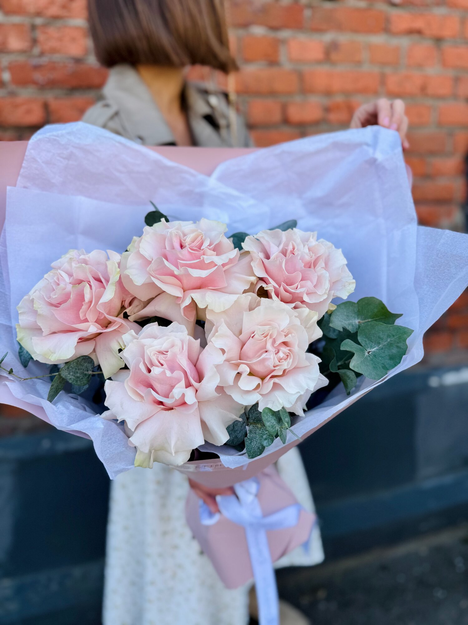 Букет из розовой французской розы 5 шт с эвкалиптом