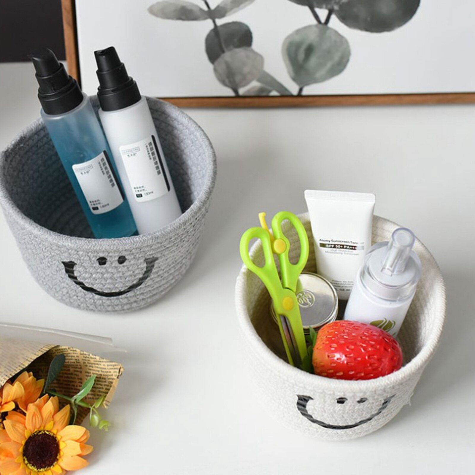 Симпатичная корзина из хлопковой веревки, настенная мягкая складная маленькая корзина для хранения ручной работы для домашнего использования, серая