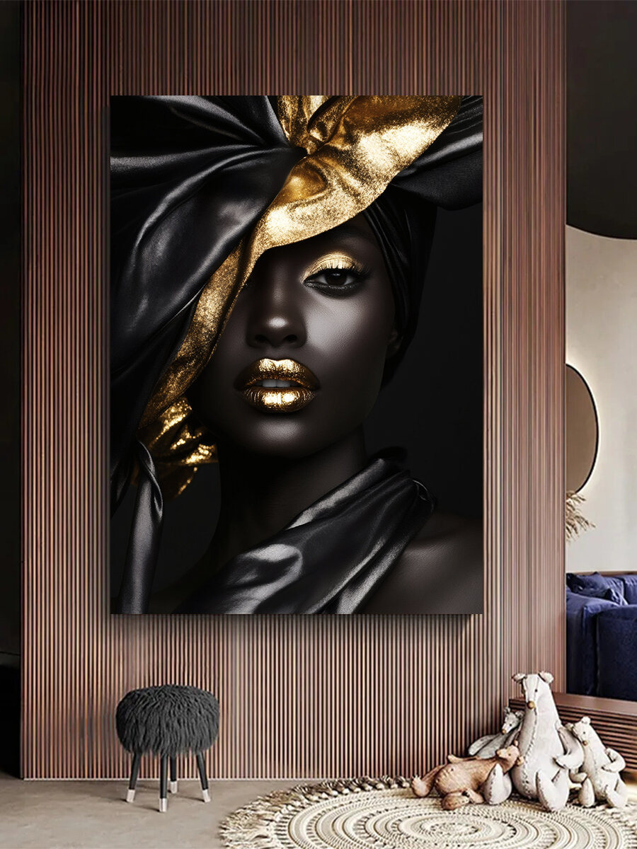 Картина на стену - "Африканка / Негритянка, лицо девушки, золото" , 50х70 см.