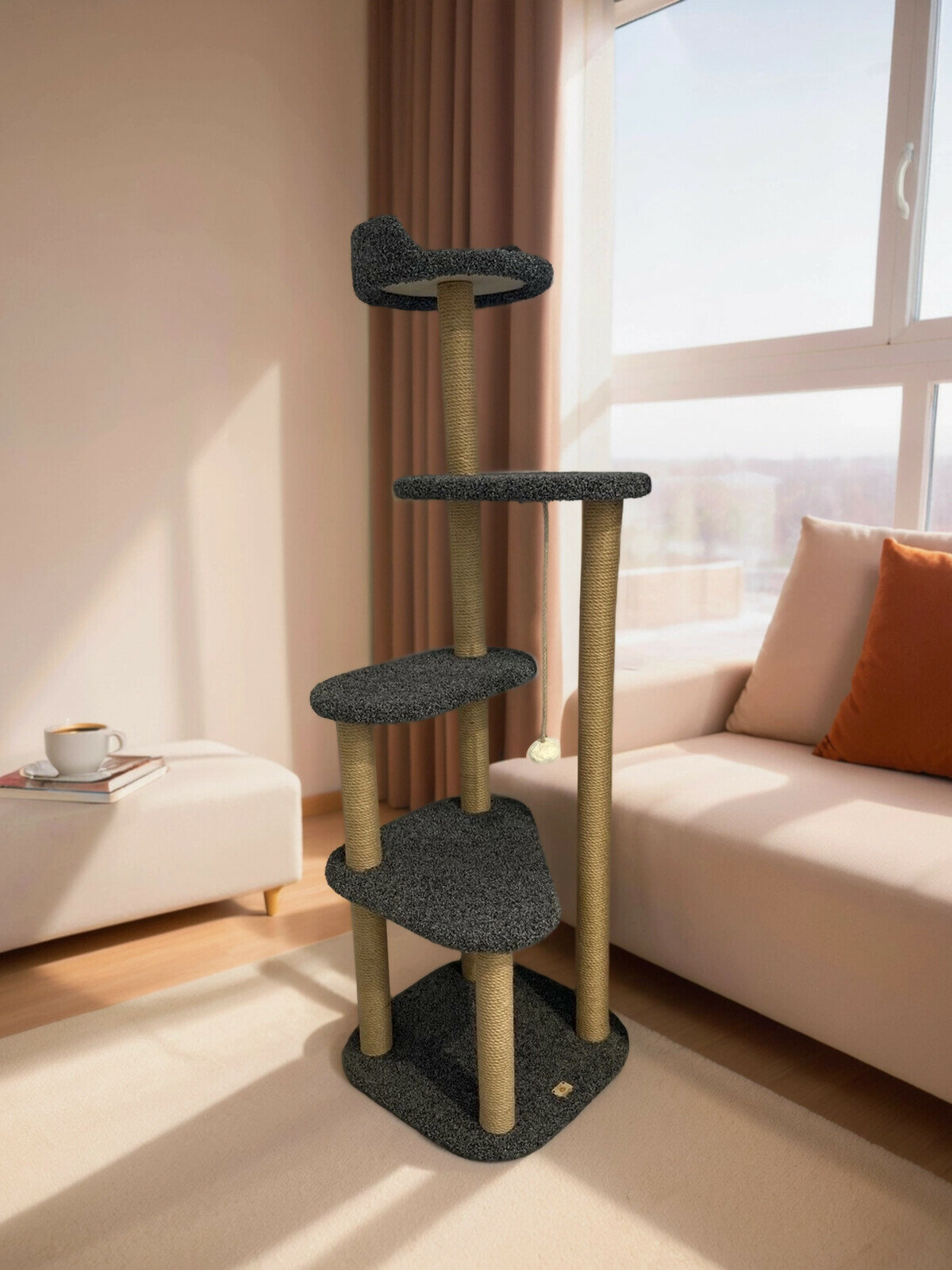 Игровой комплекс для кошек, Моя Котя, "Достучаться до небес", темно-серый ковролин и джут