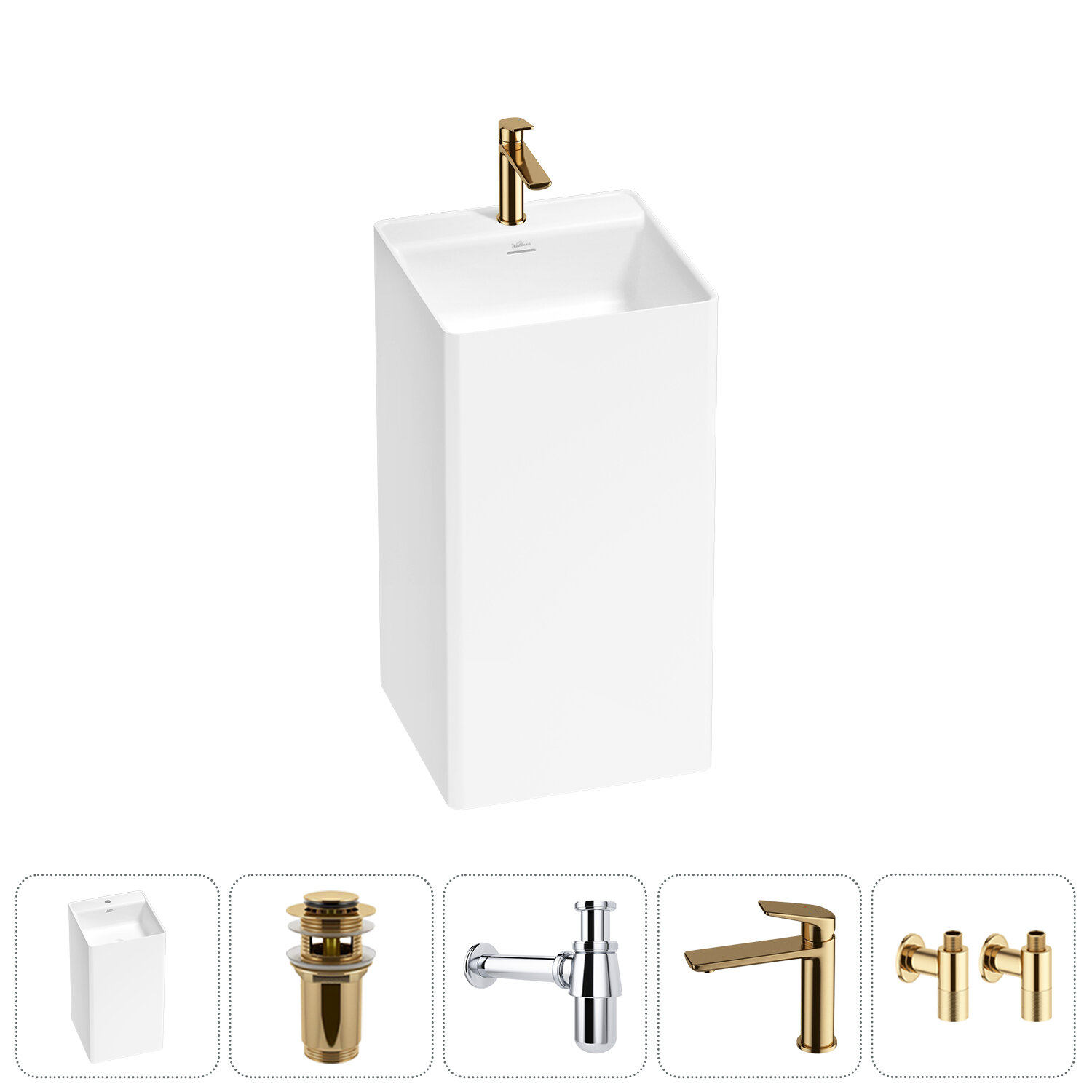 Квадратная напольная раковина для ванной Wellsee Pure BY Wellsee 20213280R в наборе 5 в 1: напольная отдельностоящая раковина моноблок в цвете матовый белый, донный клапан, сифон, смеситель, вентили 2 шт (цвет золото)